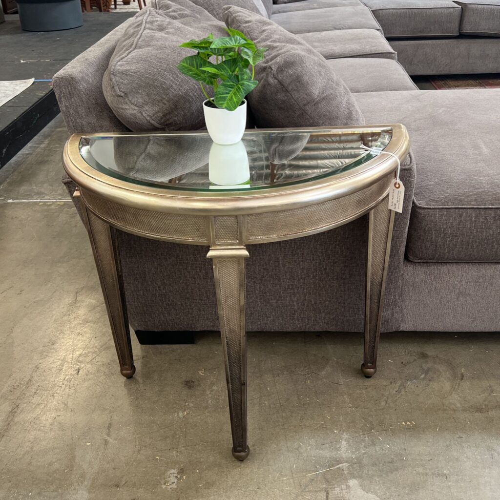 Lam Lee Textura Demi-Lune End Table with Mirrored Top – Silver Finish – Design Consignment Gallery