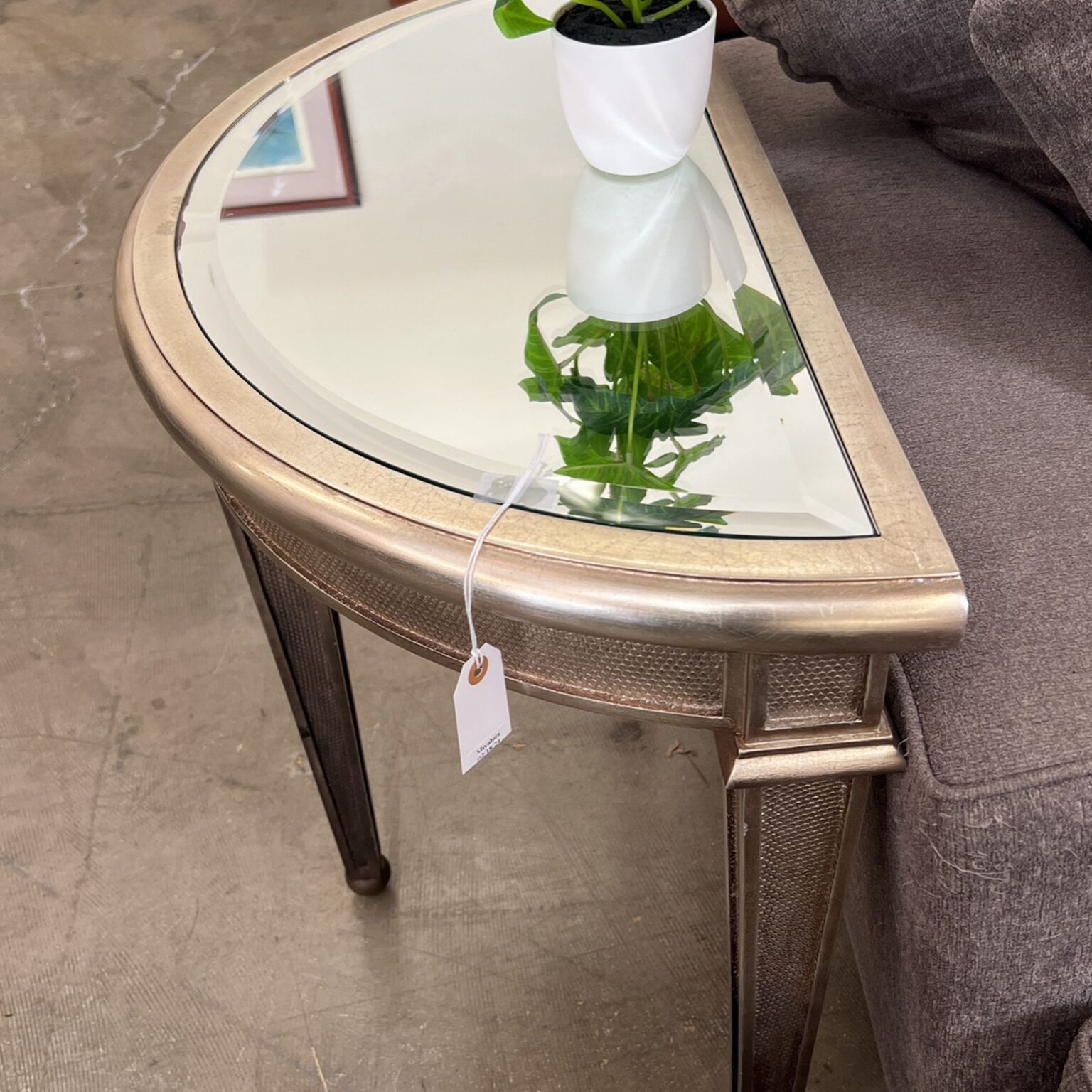 Lam Lee Textura Demi-Lune End Table with Mirrored Top – Silver Finish – Design Consignment Gallery